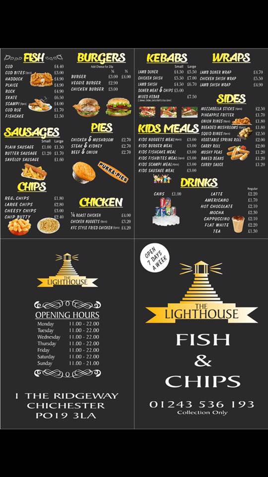 Menu at The Lighthouse Fish & Chips restaurant, Chichester