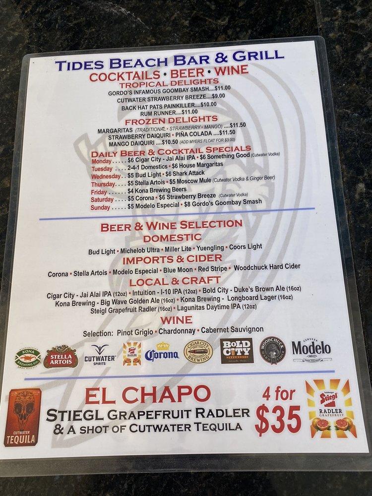 Menu at Tides Beach Bar and Grille, Jacksonville Beach