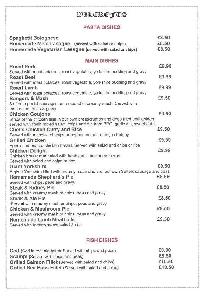 Carta de Wilcrofts Cafe, Bury St Edmunds