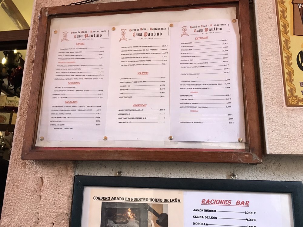 Carta de parrilla Casa Paulino, Sepúlveda