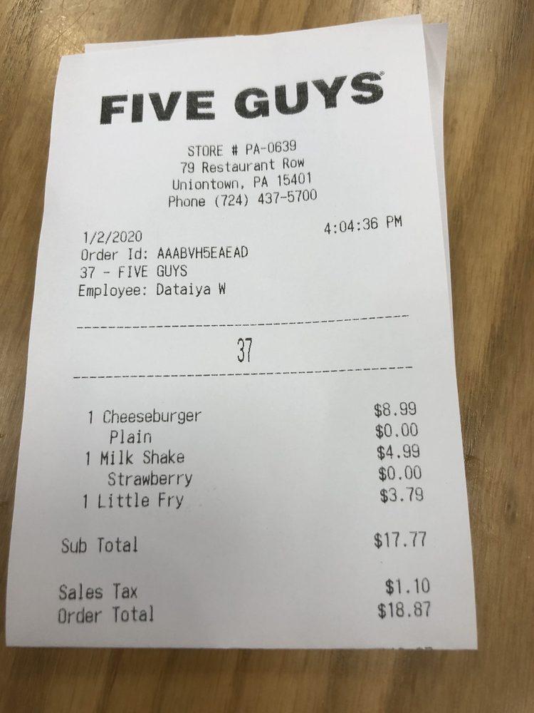 Menu at Five Guys fast food, Uniontown