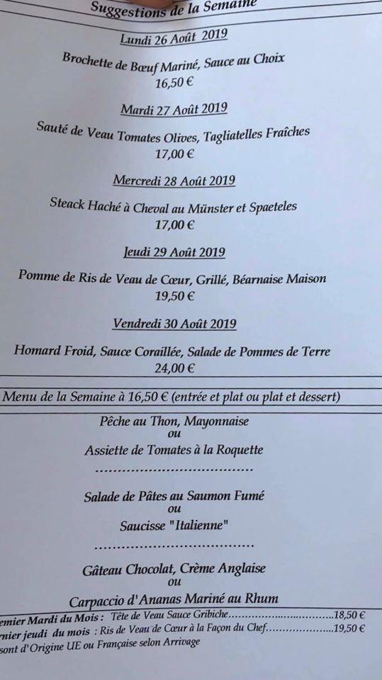 Menu au L'Alsacienne restaurant, Saultain