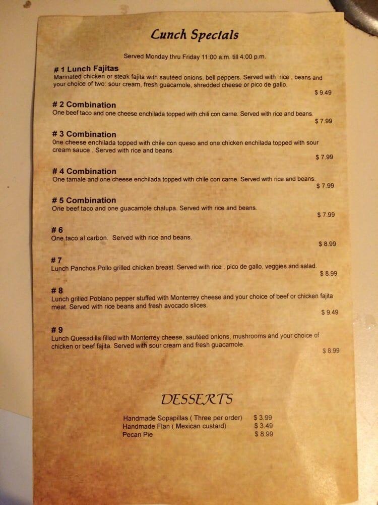 Menu at Maria Cuca's Mexican Cuisine restaurant, Keller