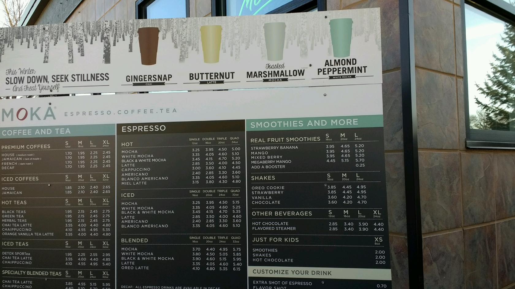 Menu at MOKA cafe, Madison, E Washington Ave
