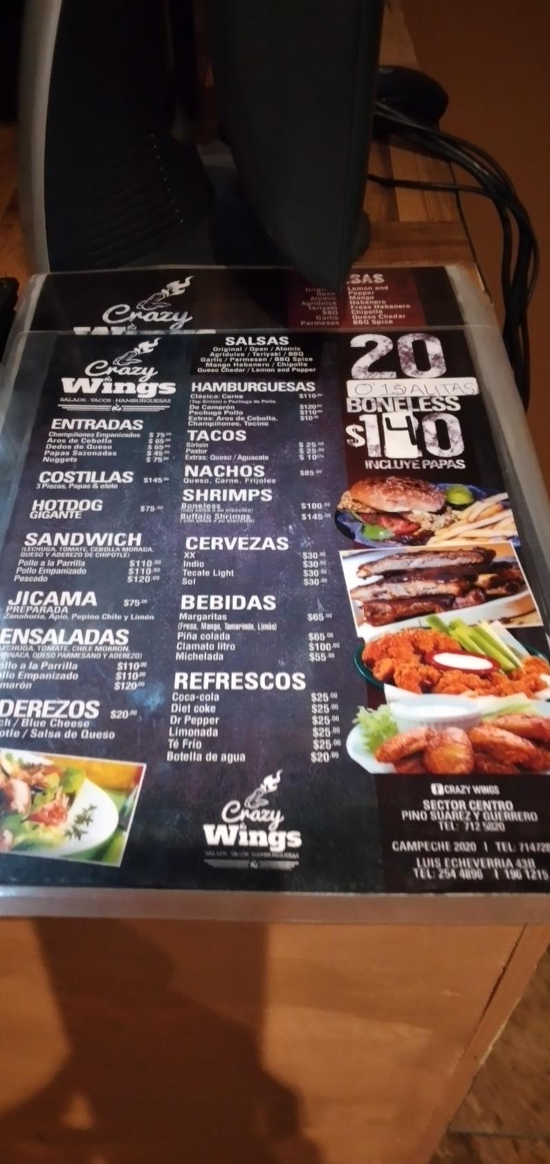 Menu at Crazy Wings restaurant, Nuevo Laredo