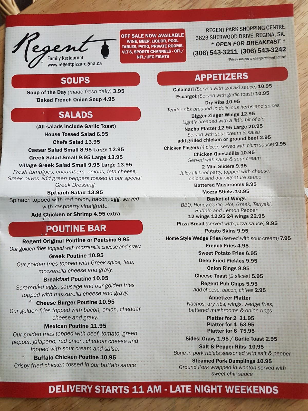 Menu at Regent Family Restaurant & Neighbourhood Pub, Regina, Sherwood Dr
