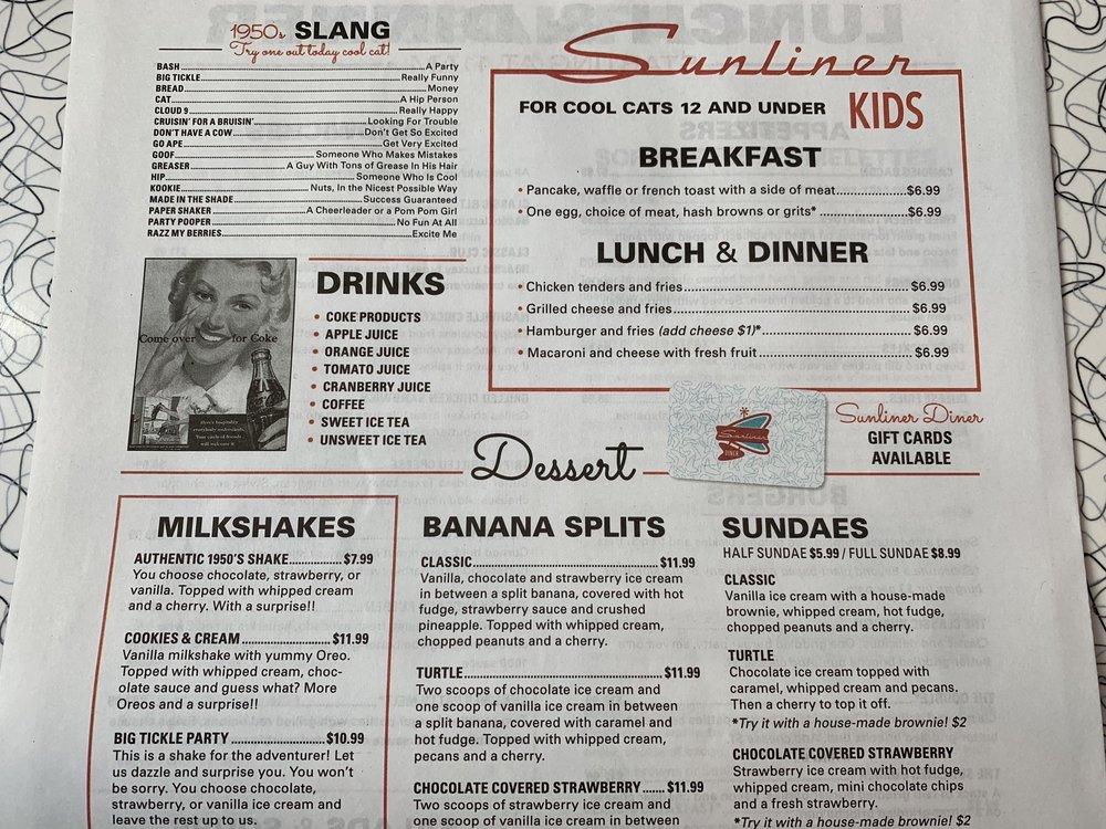 Menu at Sunliner Diner restaurant, Pigeon Forge