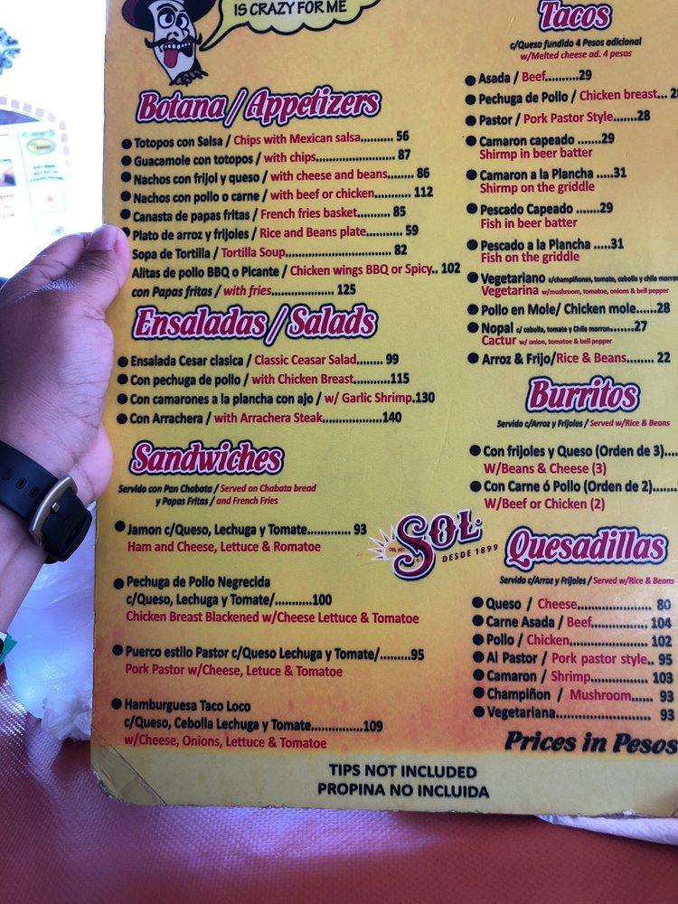 Menu at Taco Loco restaurant, Cabo San Lucas, Plaza de los Mariachis