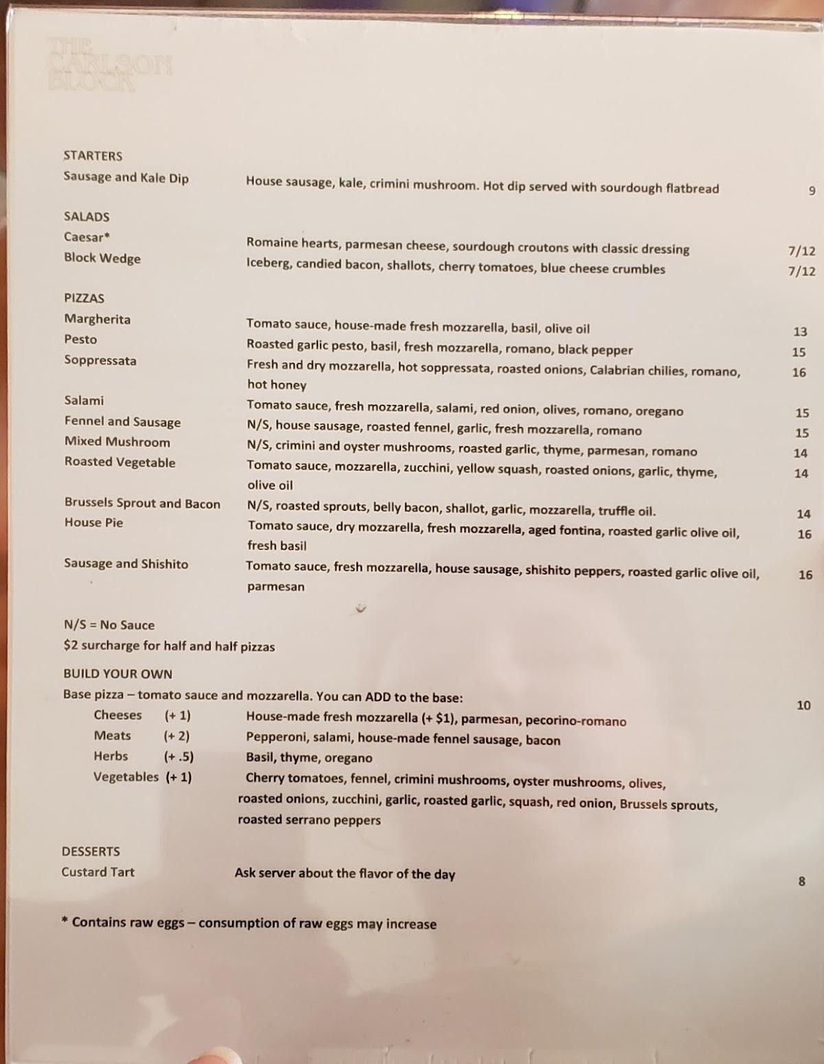 Menu at The Carlson Block pizzeria, Wilkeson