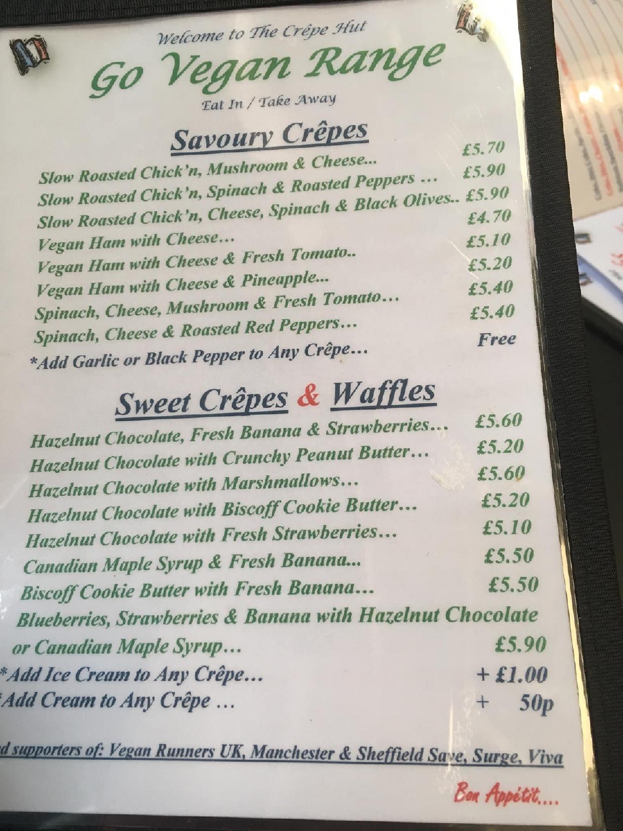 Menu at The Crepe Hut cafe, Leeds