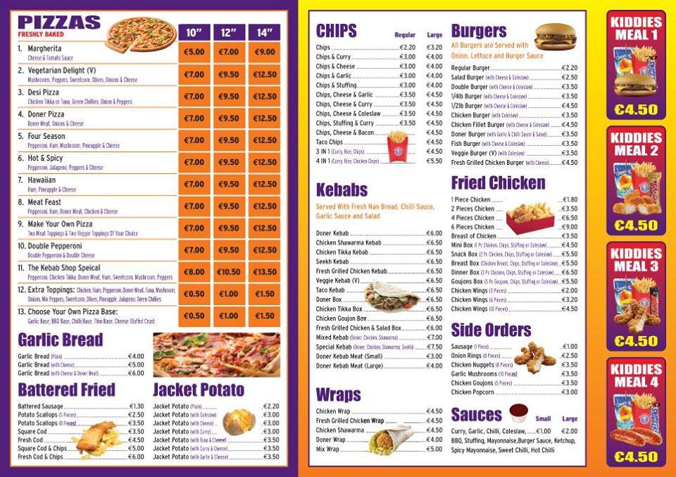 Menu at The Kebab Shop restaurant, Limerick