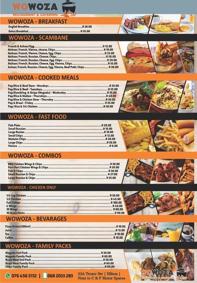 Menu at Wowoza restaurant, Bloemfontein