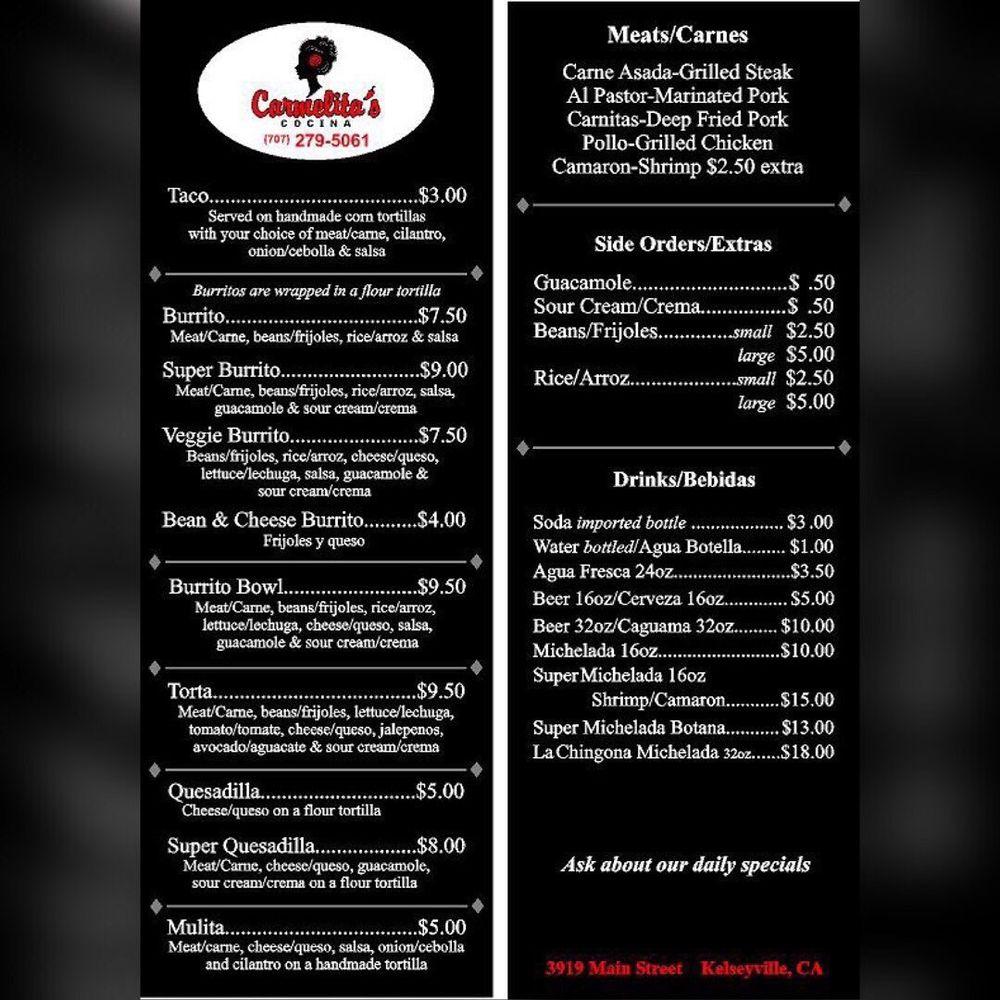 Menu at Carmelita’s Cocina restaurant, Kelseyville