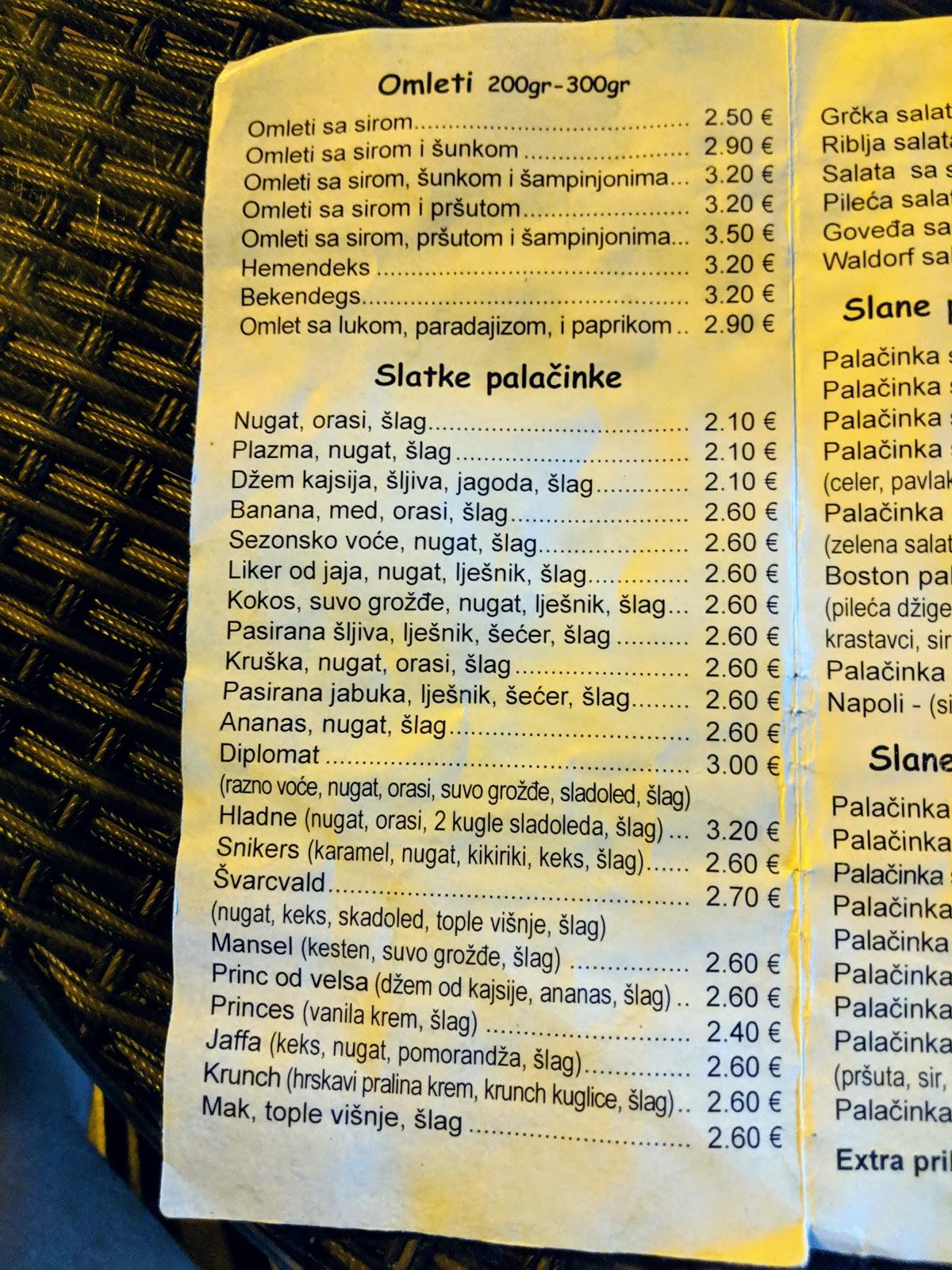 Menu at Corto Maltese restaurant, Podgorica