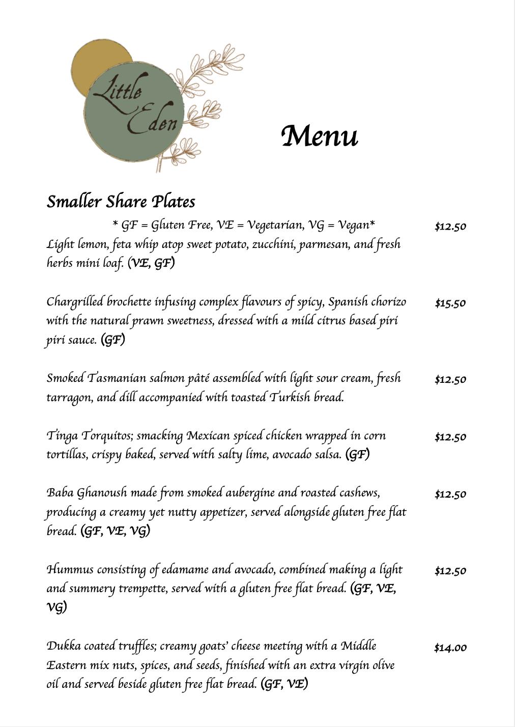 Menu At Little Eden Restaurant Yungaburra