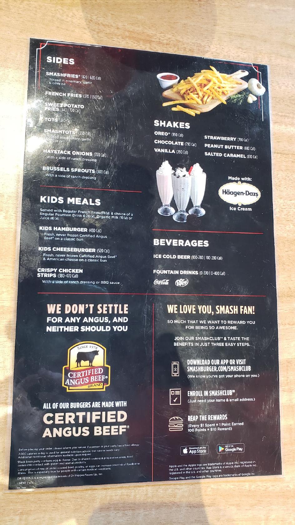 Menu at Smashburger restaurant, Colorado Springs, S Nevada Ave