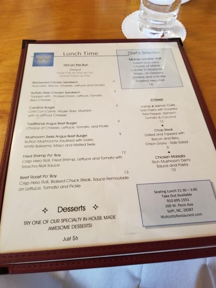 Menu at Wolcott's restaurant, Southern Pines
