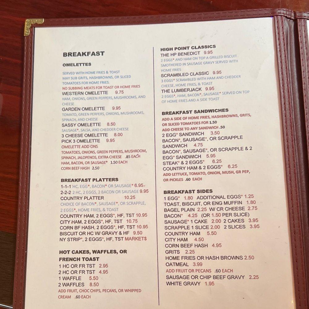 Menu at High Point Diner restaurant, Stephens City