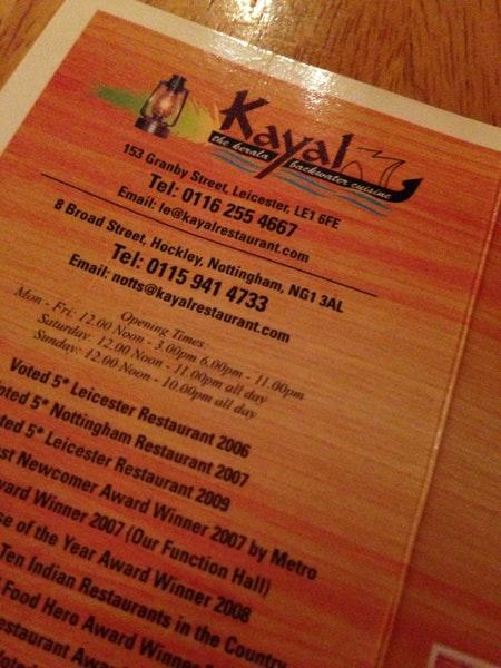 Menu at Kayal restaurant, Leicester