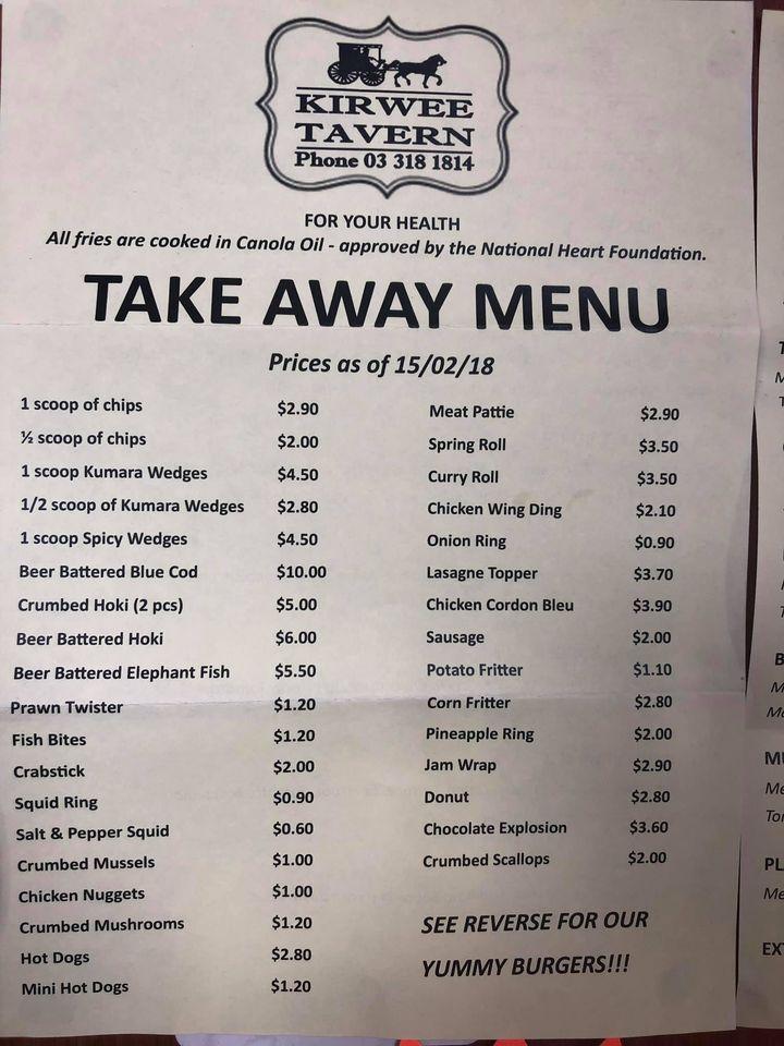 Menu at Kirwee Tavern restaurant, Kirwee, Cnr West Coast Road ...