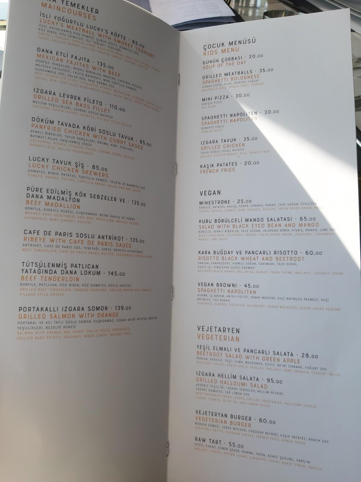 Menu at Lucky's Club, Kusadasi