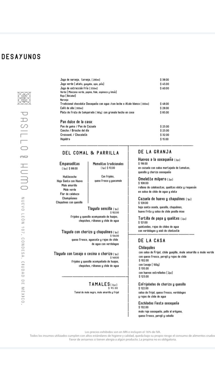 Menu at Pasillo de Humo restaurant, Ciudad López Mateos