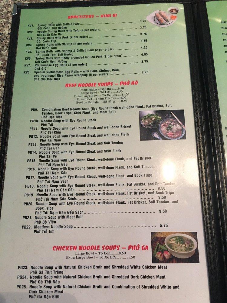Menu at Phở Sunrise restaurant, Kenner