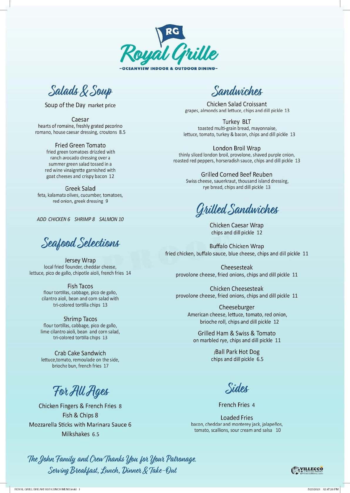 Carta del restaurante Royal Grille, Wildwood Crest, Ocean Ave