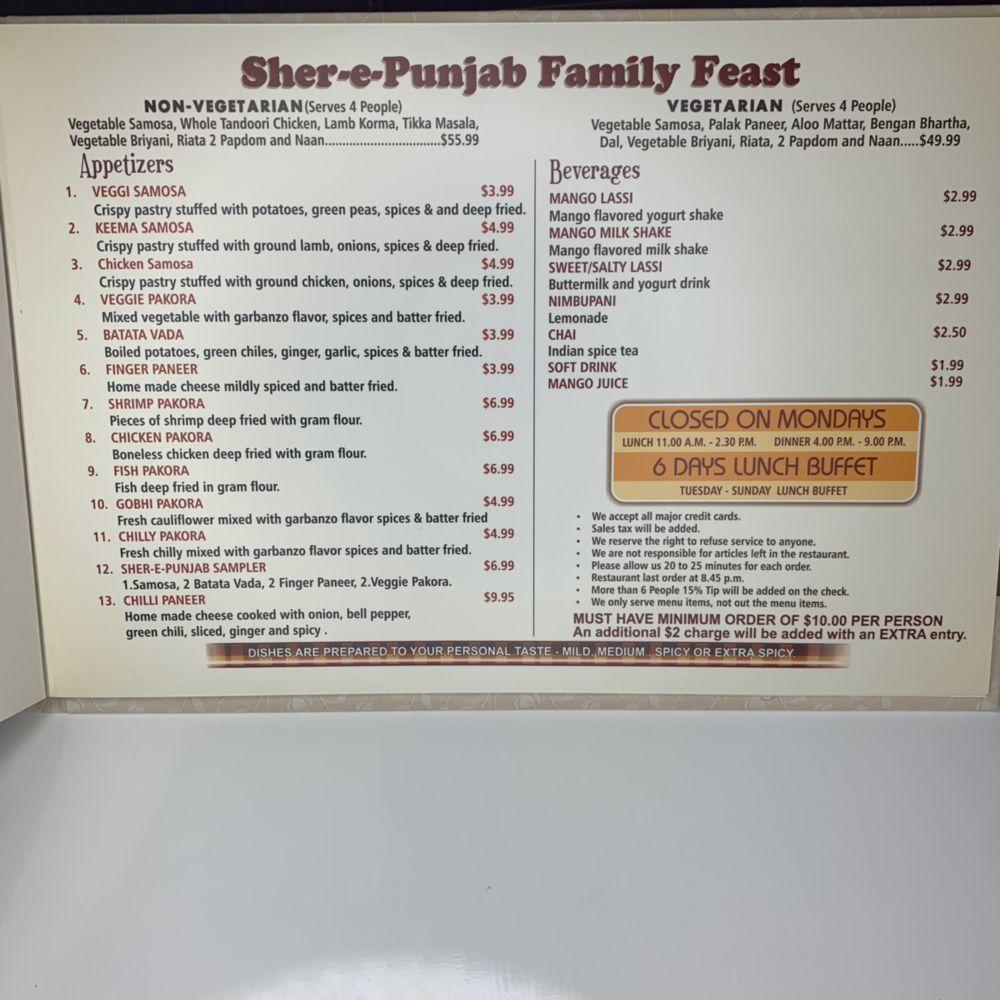 Menu at Sher-e-Punjab restaurant, Tucson, 853 E Grant Rd