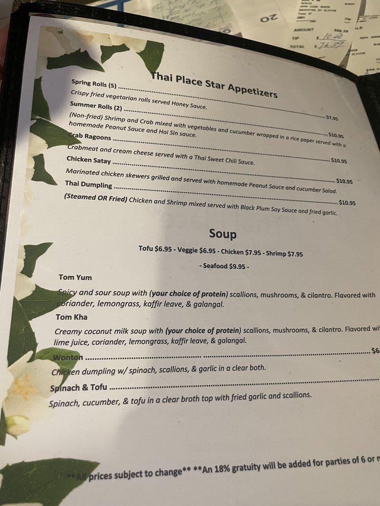 Menu at Thai Place restaurant, Tallahassee
