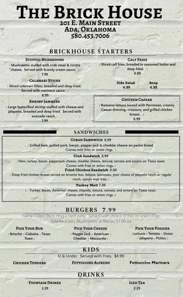 Menu at The Brick House steakhouse, Ada