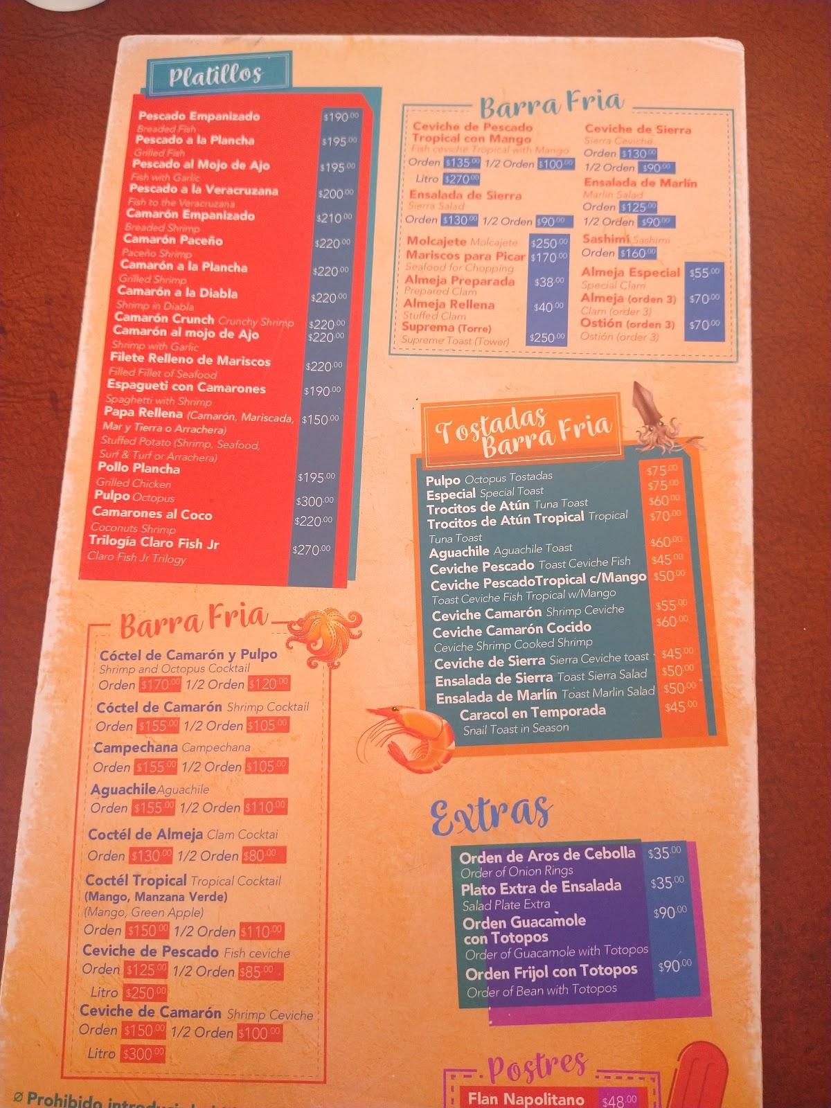 Menu at Claro Fish Jr. restaurant, San José del Cabo, P.º Malecon San Jose