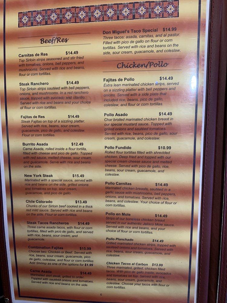 Menu at Don Miguel restaurant, Cedar City