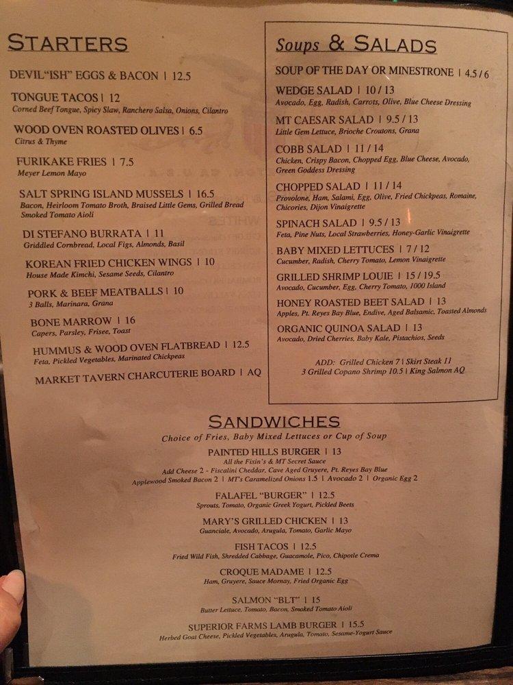 Menu at Market Tavern pizzeria, Stockton