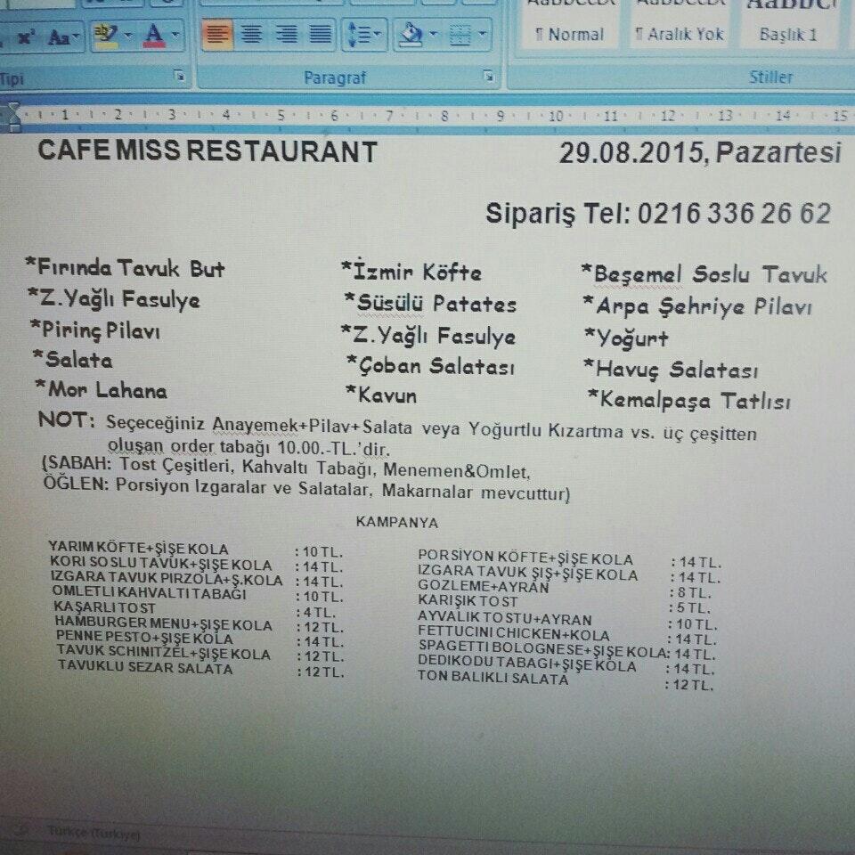Menu at Cafe Miss, Istanbul, Kasap İsmail Sk. No:3