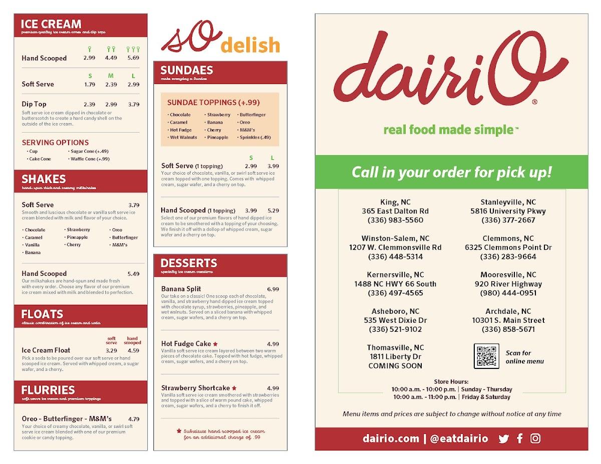 Menu at Dairi-O of Archdale restaurant, Archdale