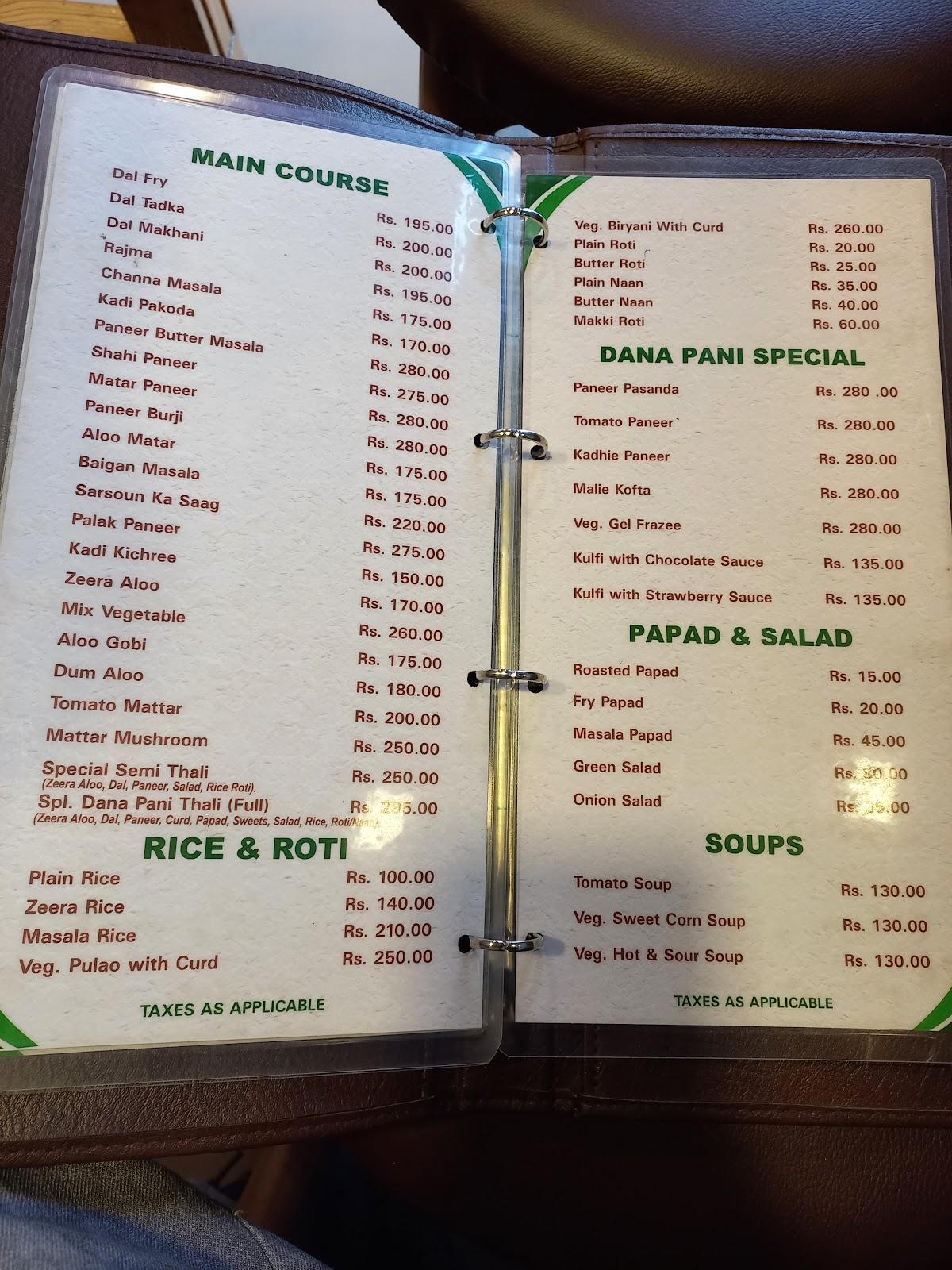 Menu at Dana Pani, Pahalgam