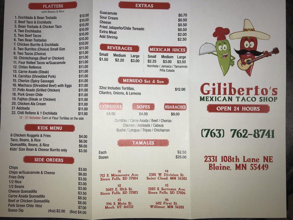 Menu at Giliberto's Mexican Taco restaurant, Blaine