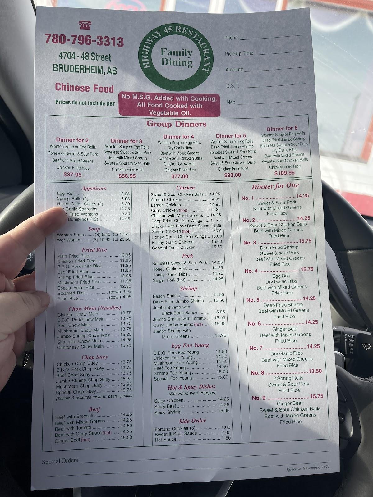 Menu at Highway 45 Restaurant, Bruderheim