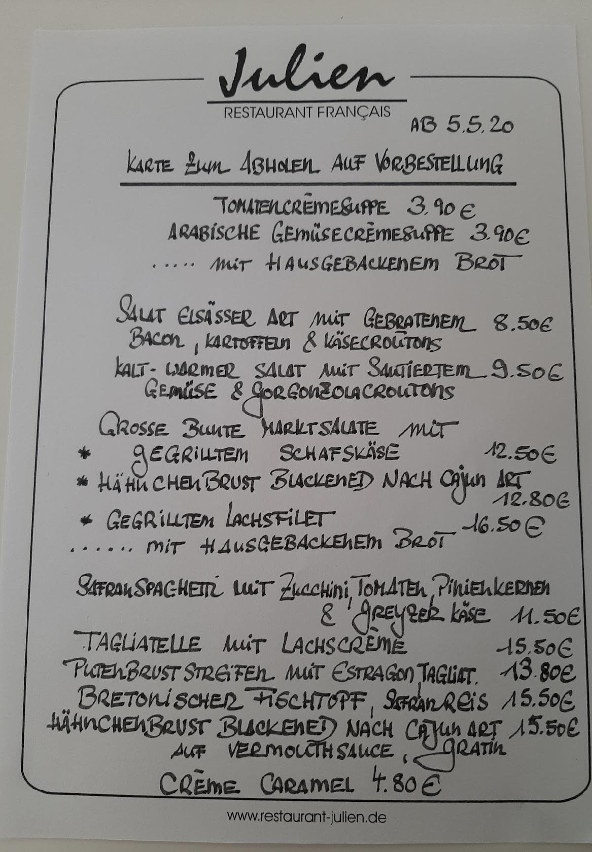 Menu at Julien restaurant, Kaiserslautern