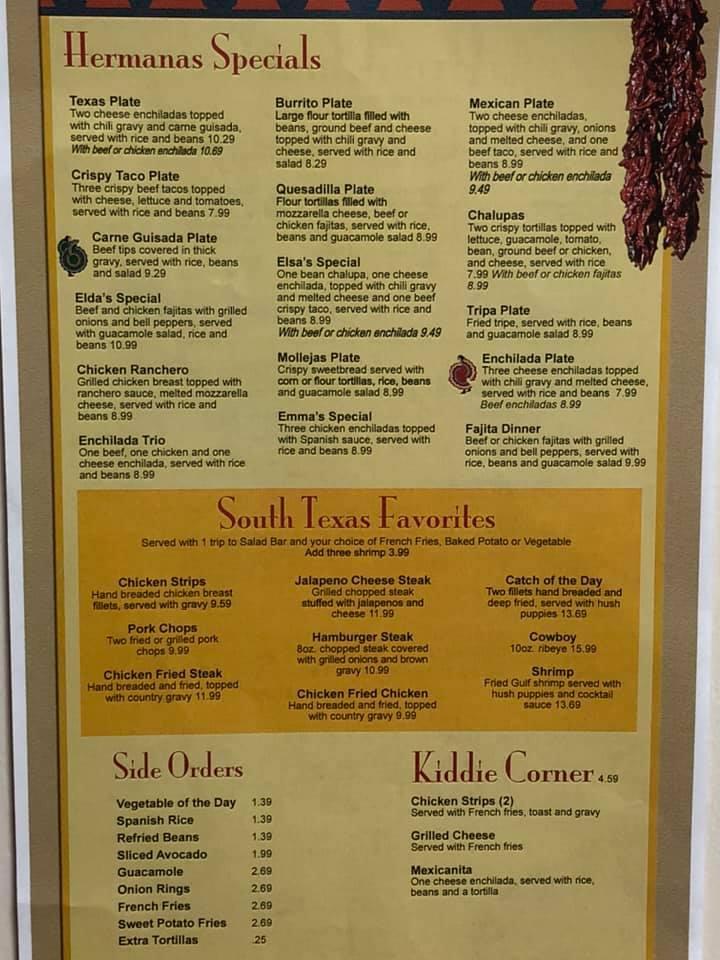Menu at Tres Hermanas restaurant, George West, Hwy 281 (physical