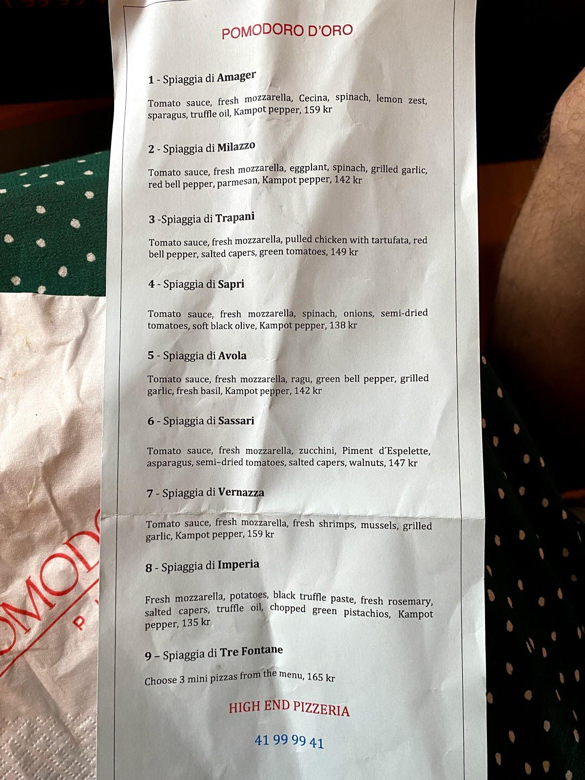 Menu au Pomodoro D'oro restaurant, Copenhague