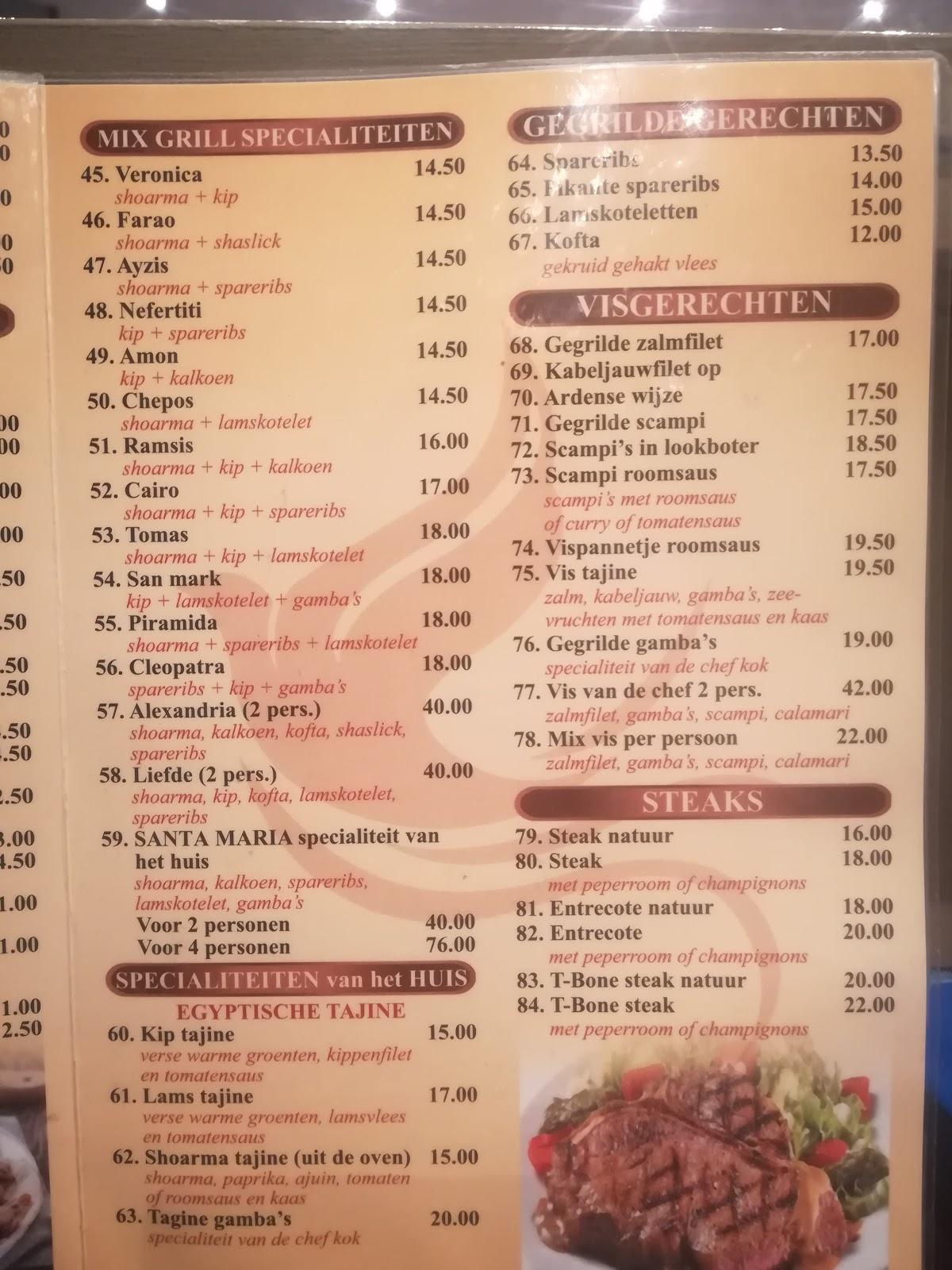 Menu at Santa Maria, Lummen