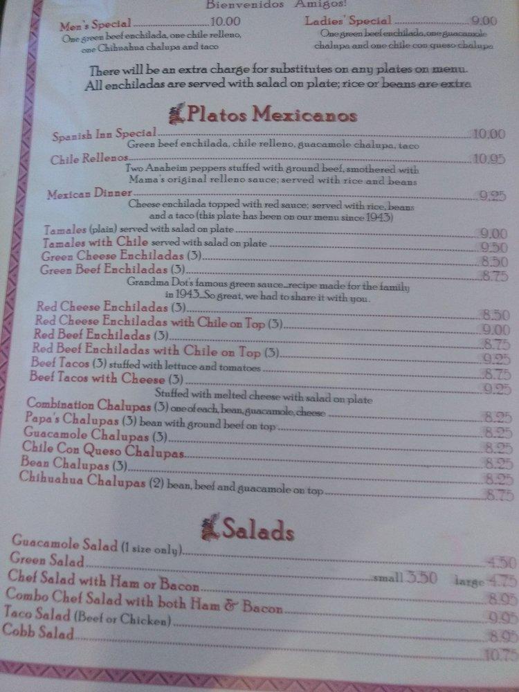 Menu at Spanish Inn restaurant, Snyder