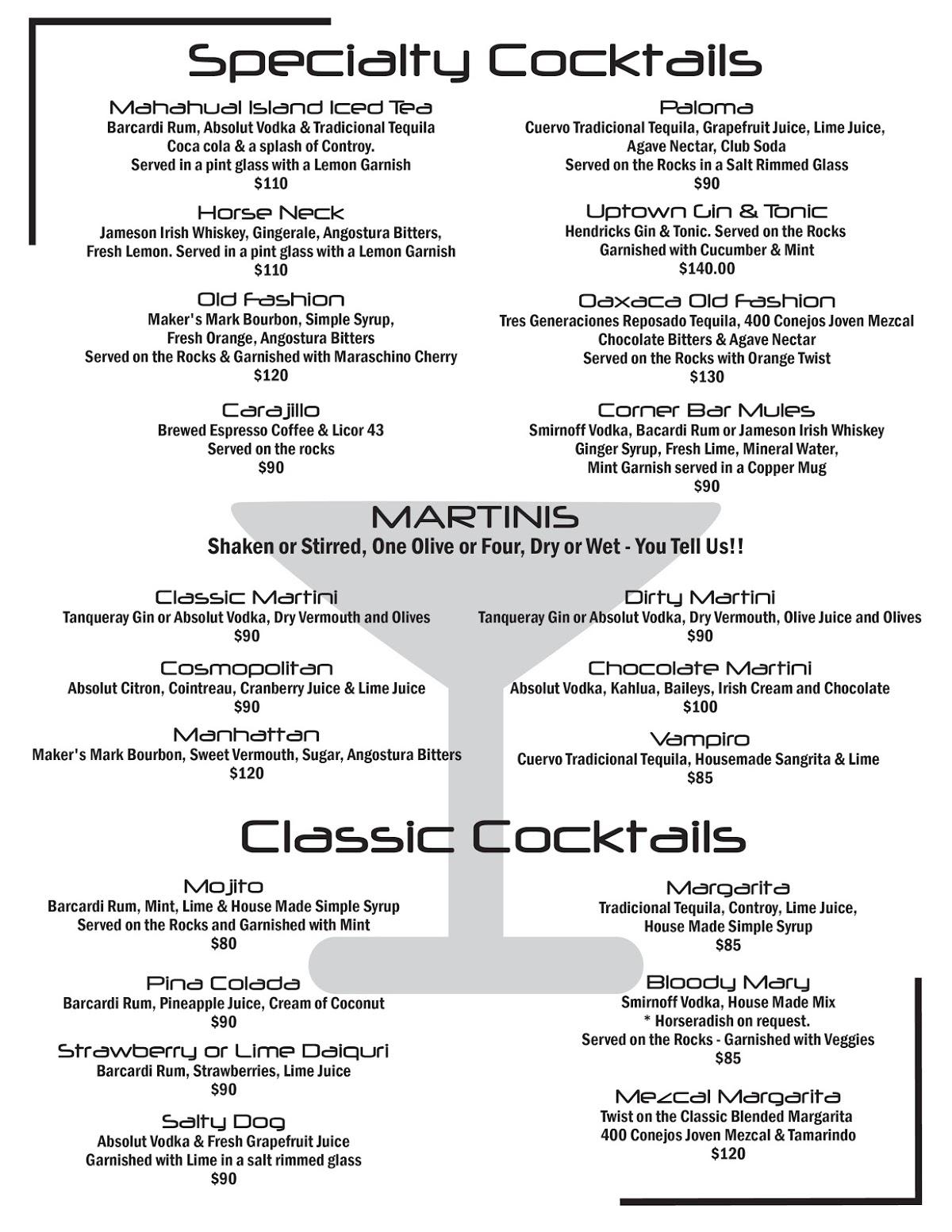 Menu at The Corner Bar, Mahahual