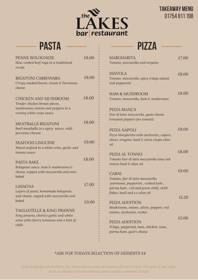 Menu at The Lakes Restaurant, Burgh le Marsh