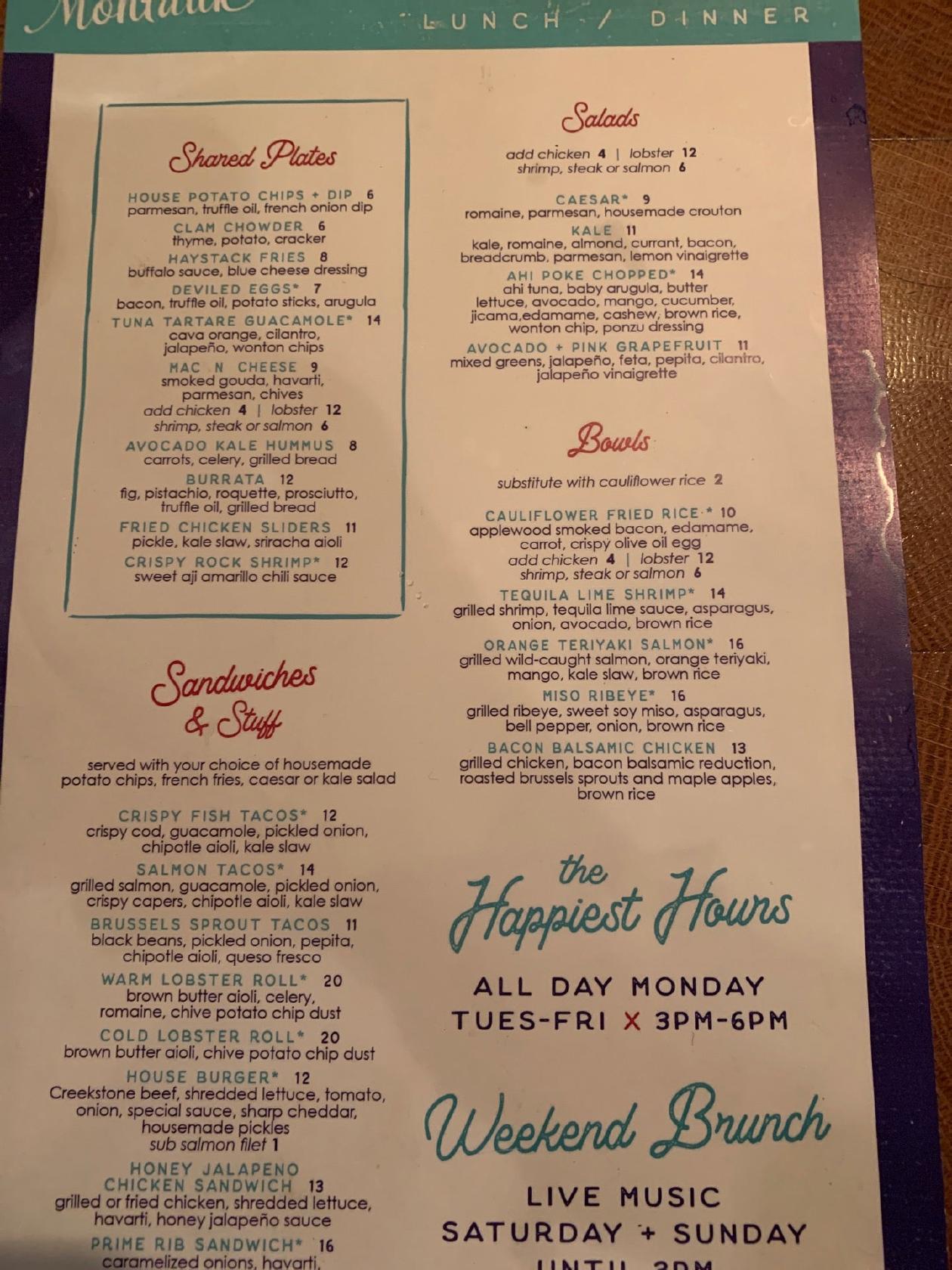 Menu at The Montauk restaurant, Scottsdale