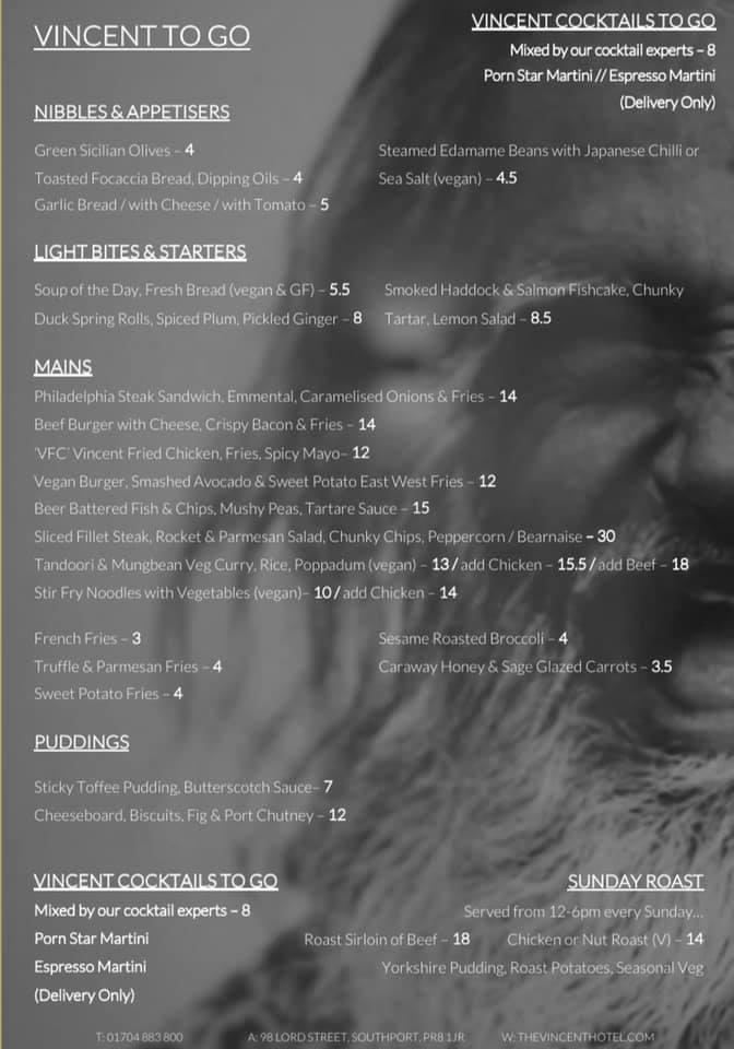 Menu at The Vincent Hotel restaurant, Southport