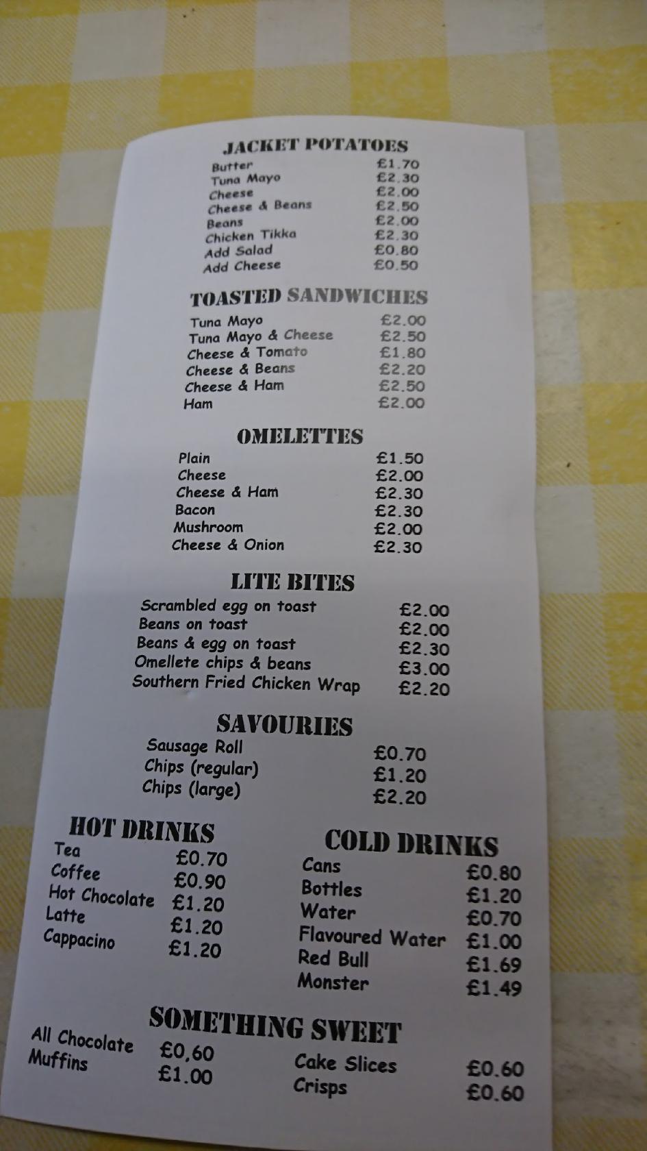 Menu at bus stop butty bar, Castleford