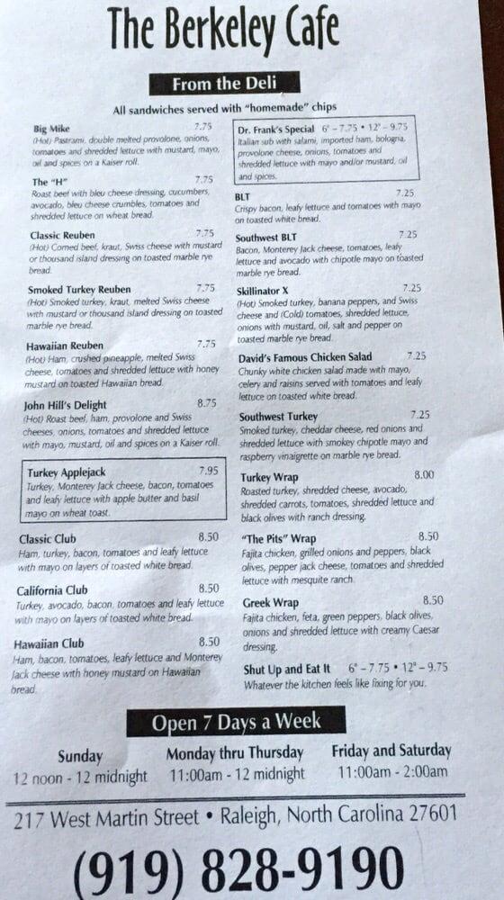 Menu at Berkeley Cafe, Raleigh